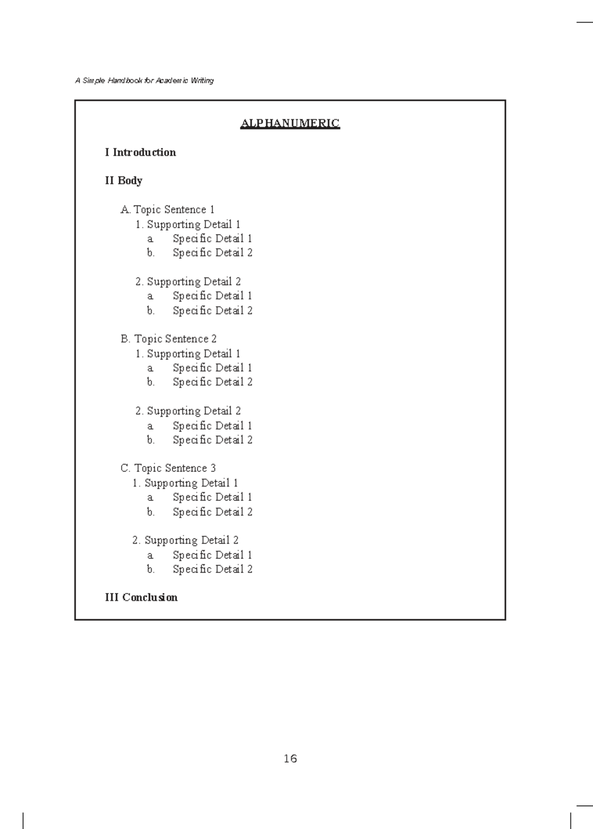 Outline Format - ALPHANUMERIC I Introduction III Conclusion A. Topic ...