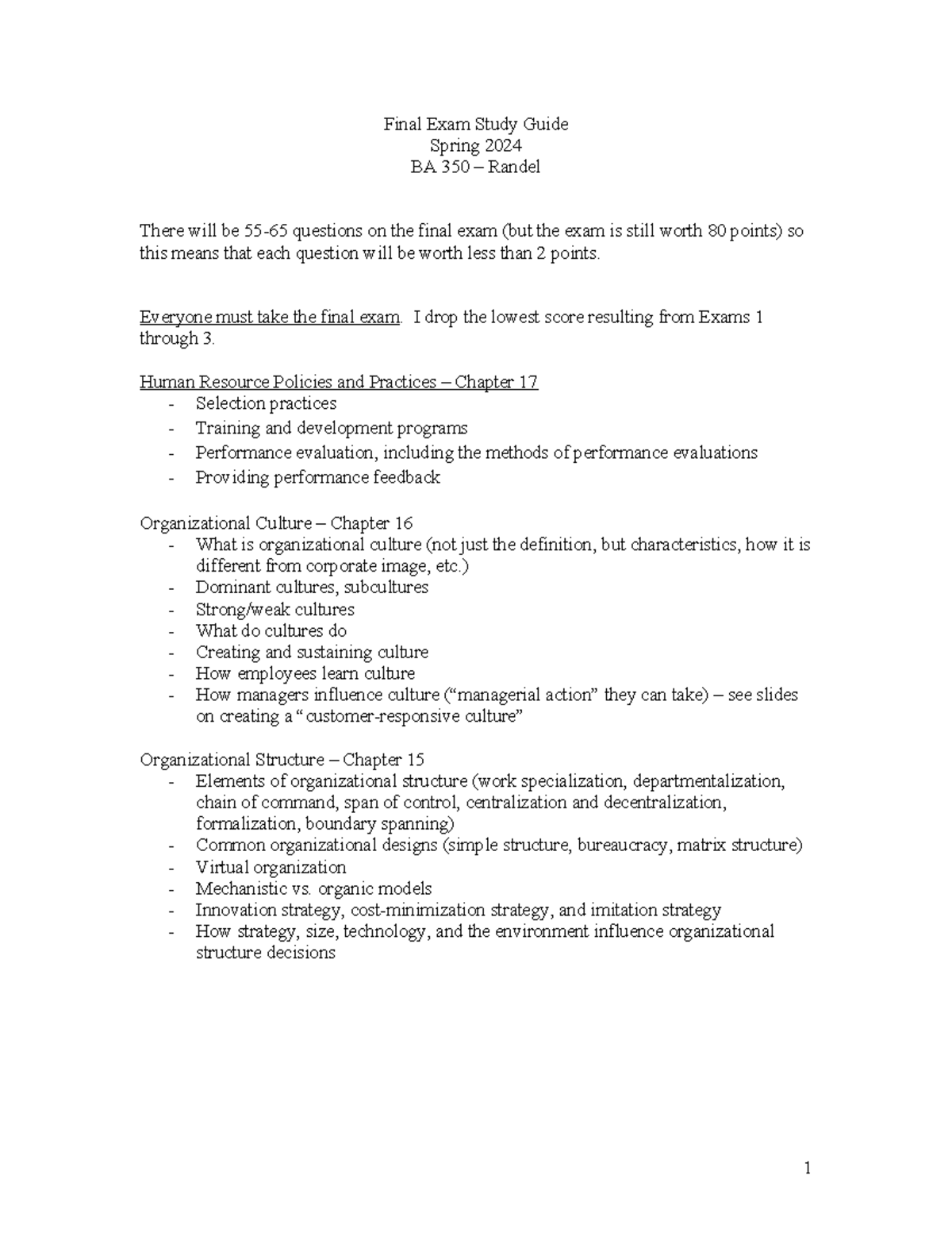 Final Exam Study Guide for BA350-1: Key Topics & Concepts - Studocu