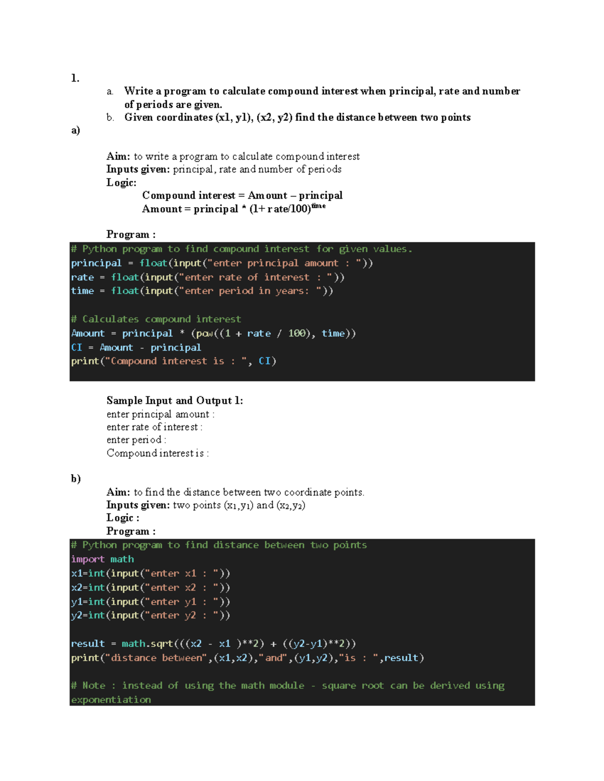 Python Complete Record: Programs for Compound Interest, Distance, and More - Studocu