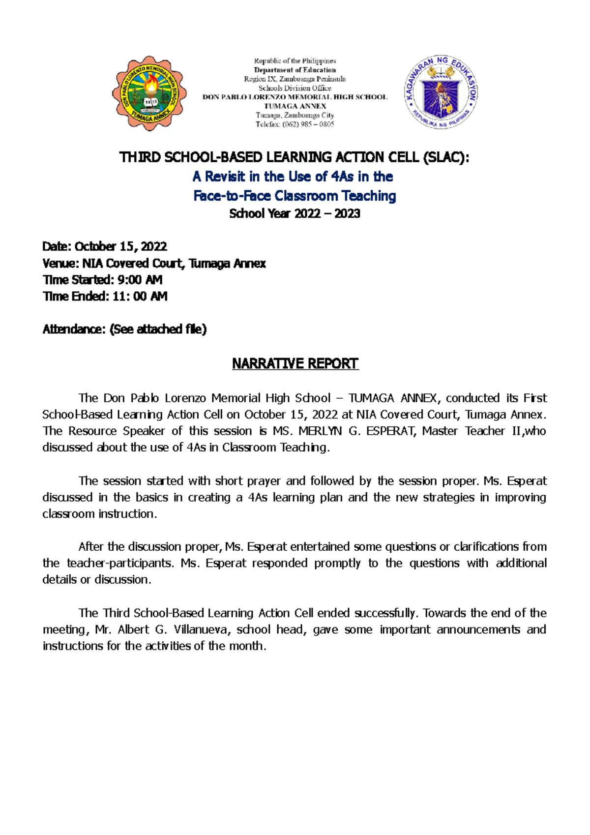 SLAC Narrative Report: Exploring the 4 As in Classroom Teaching - Studocu