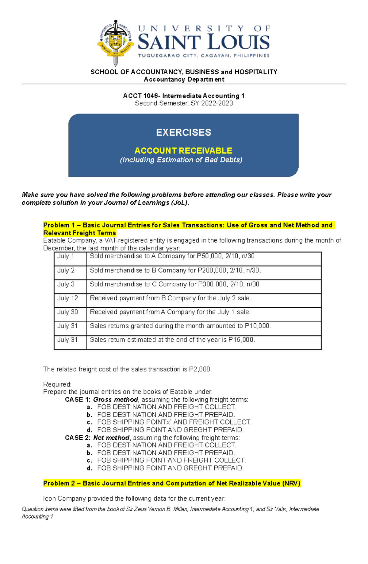 Exercises on Accounts Receivable - ACCT 1046 - Intermediate Accounting 1 - Studocu