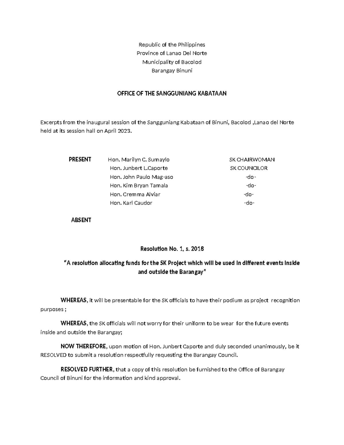 SK Resolution No. 1: Funding Allocation for Uniform Project - Studocu