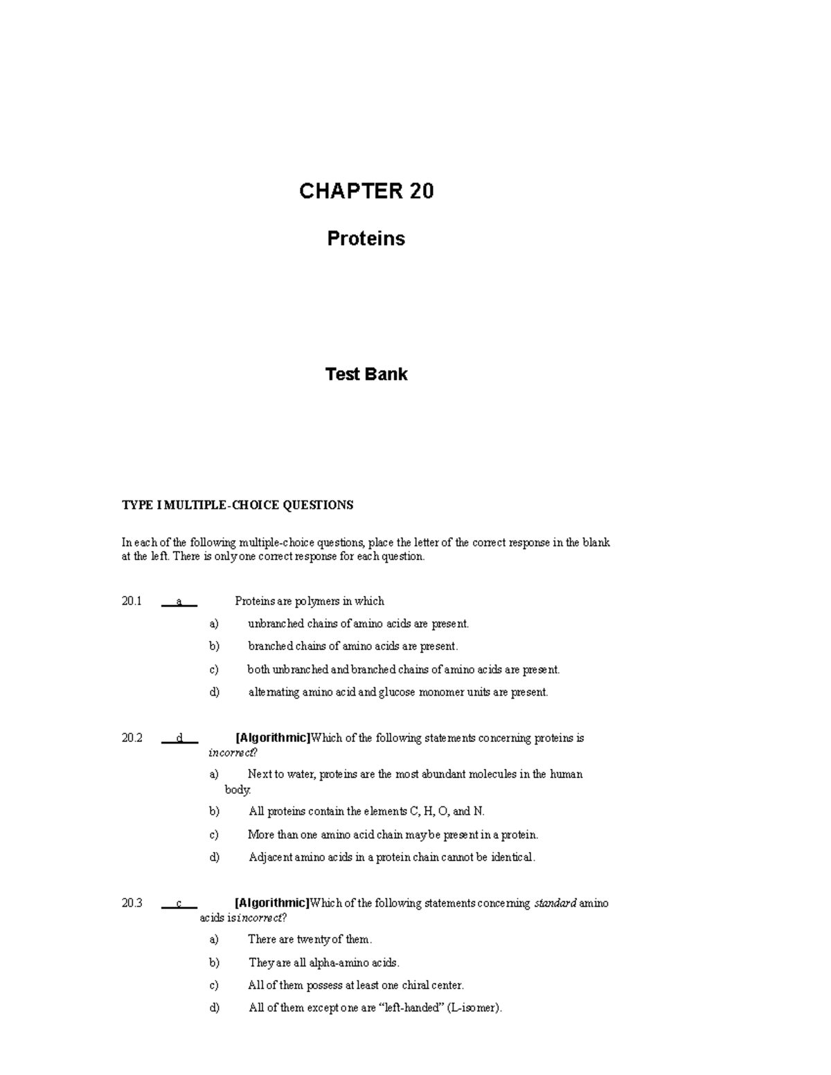 Biochem 101: Proteins Chapter 20 Test Bank Quiz Questions - Studocu