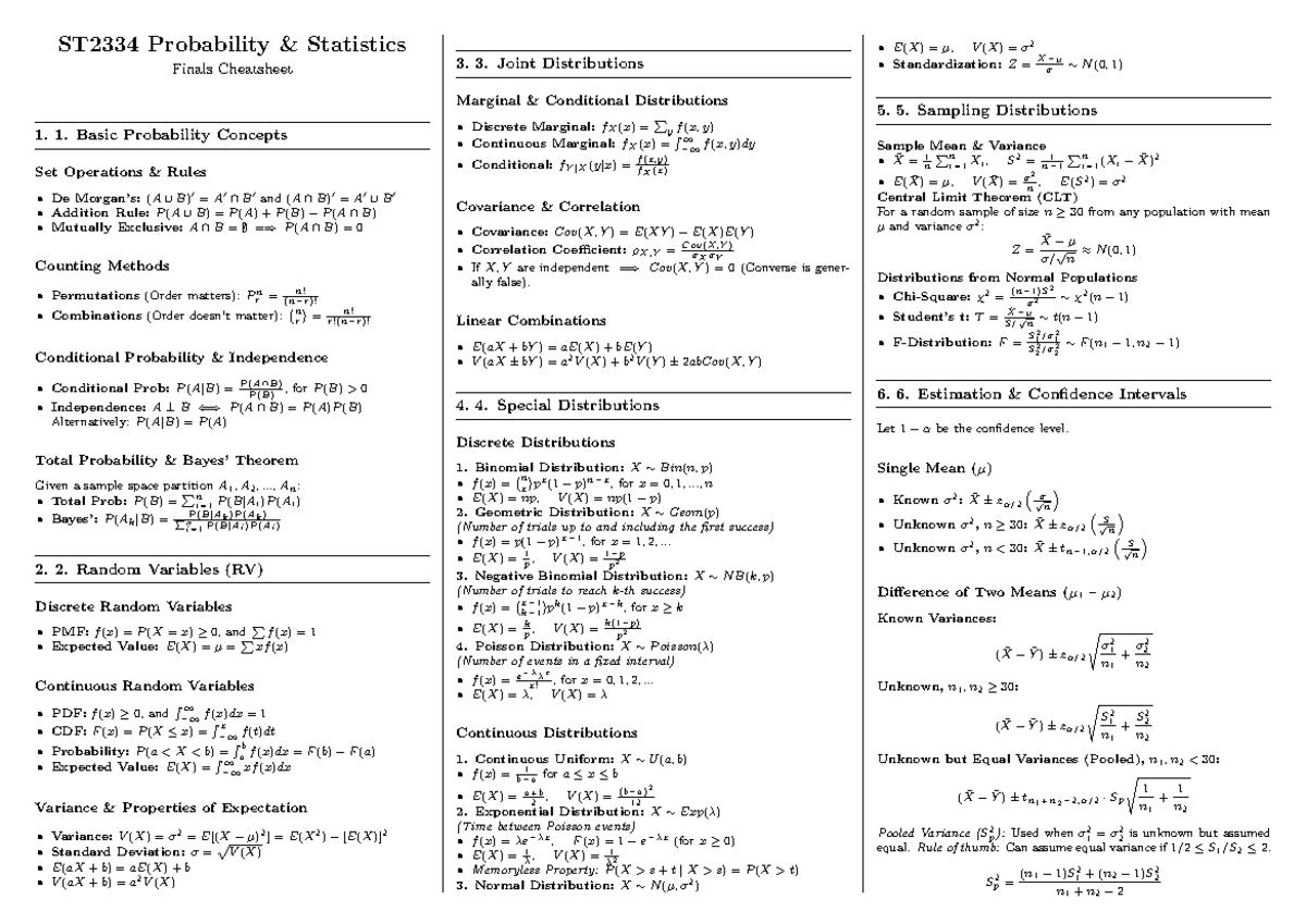ST2334 Probability Statistics Final Exam Cheatsheet - Studocu