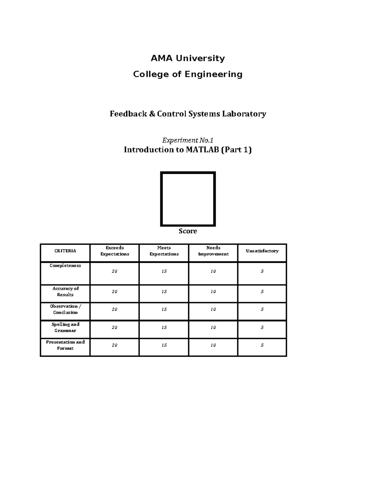 LAB Activity 1 - Introduction to MATLAB for Feedback Control Systems ...
