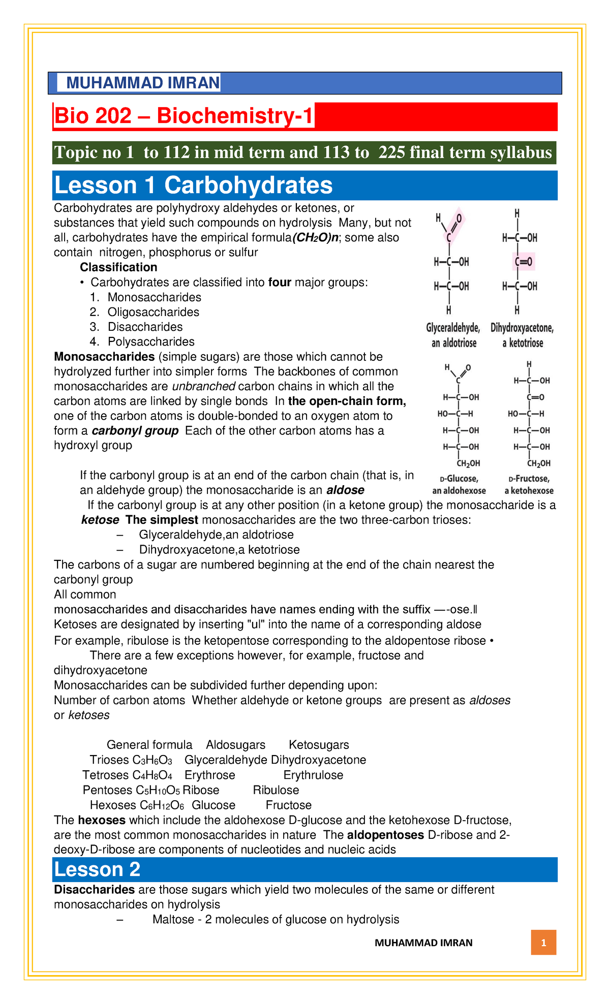 Bio 202: Carbohydrates Overview - Midterm & Final Exam Lessons - Studocu