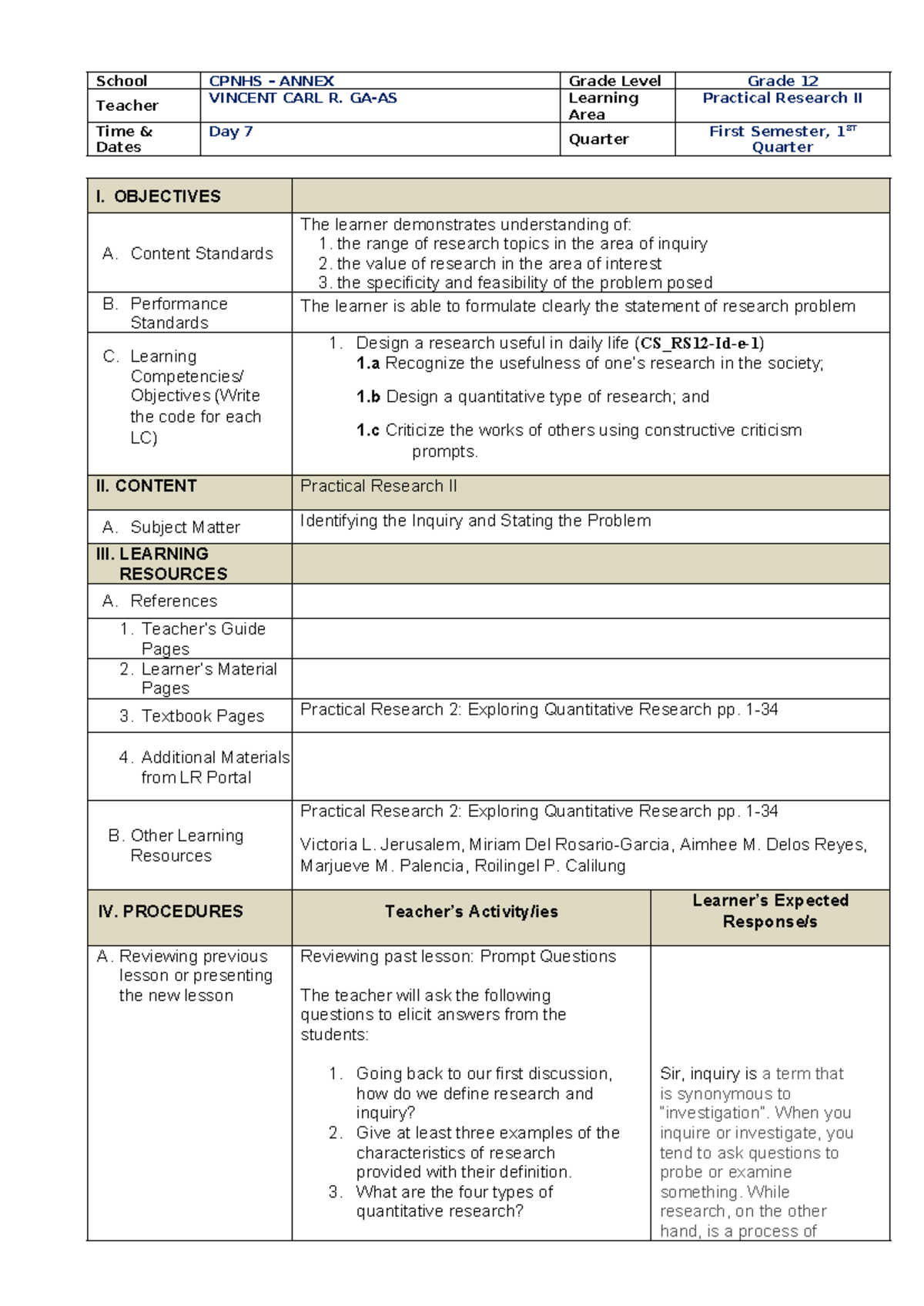 Day 7 Lesson Plan: Practical Research II (Grade 12) - Studocu