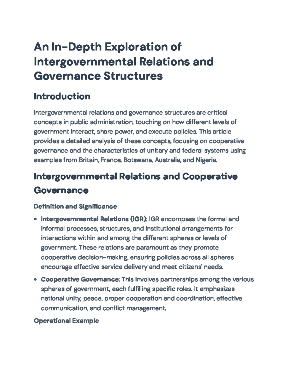 Intergovernmental Relations & Governance Structures: A Comparative ...