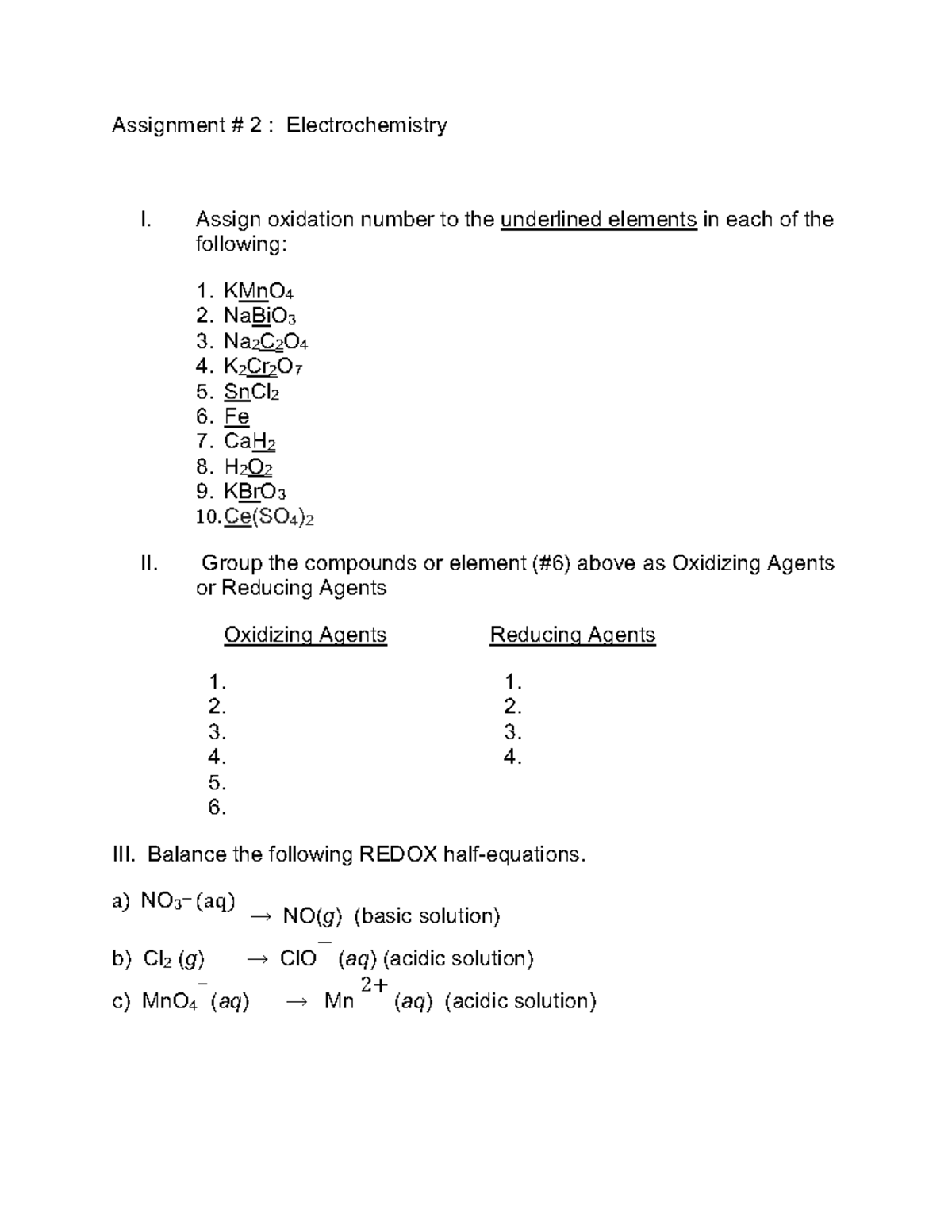 Assignment#2 Redox - For engineering student - Assignment # 2 ...