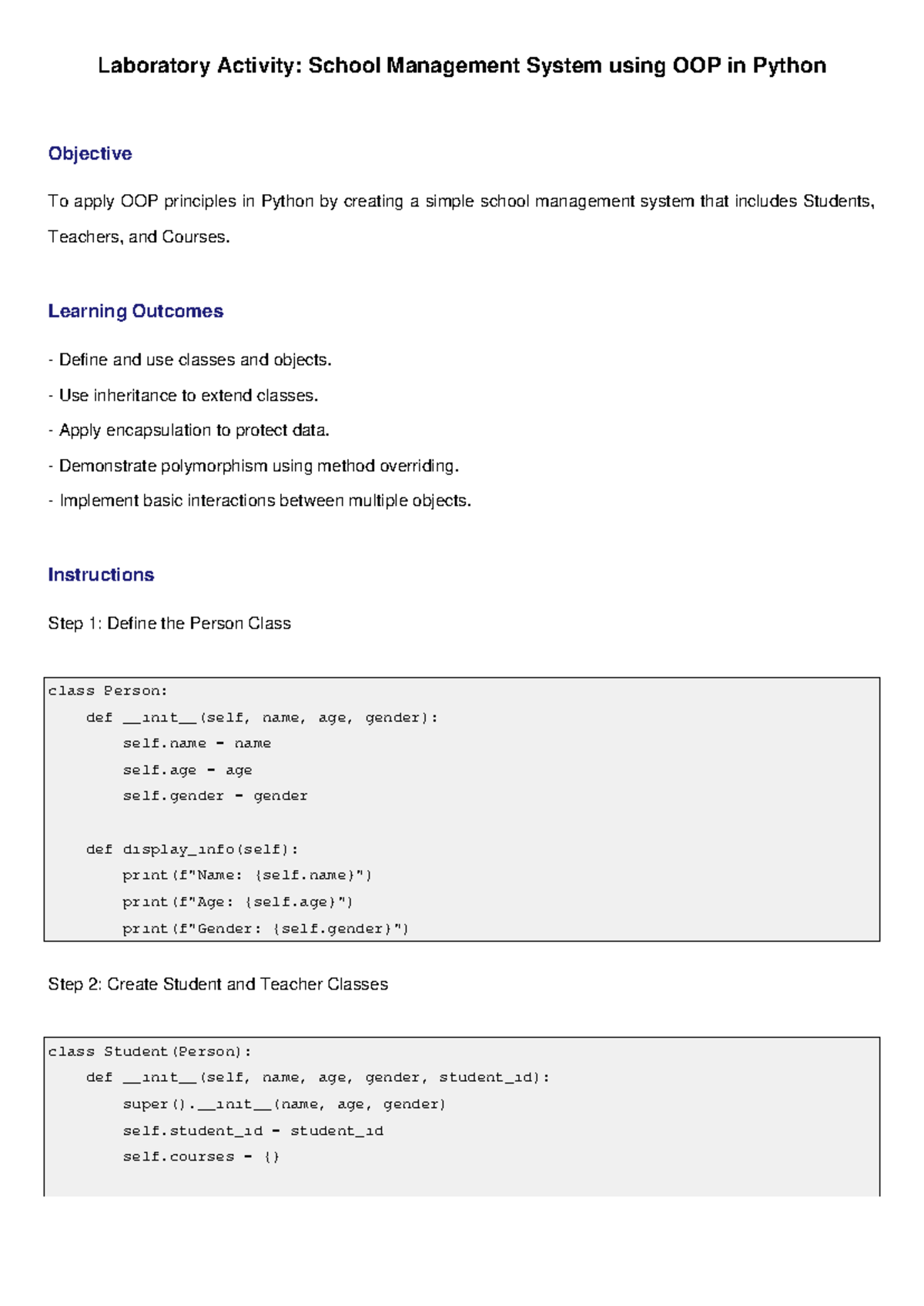 OOP Lab Activity: School Management System in Python (CS101) - Studocu