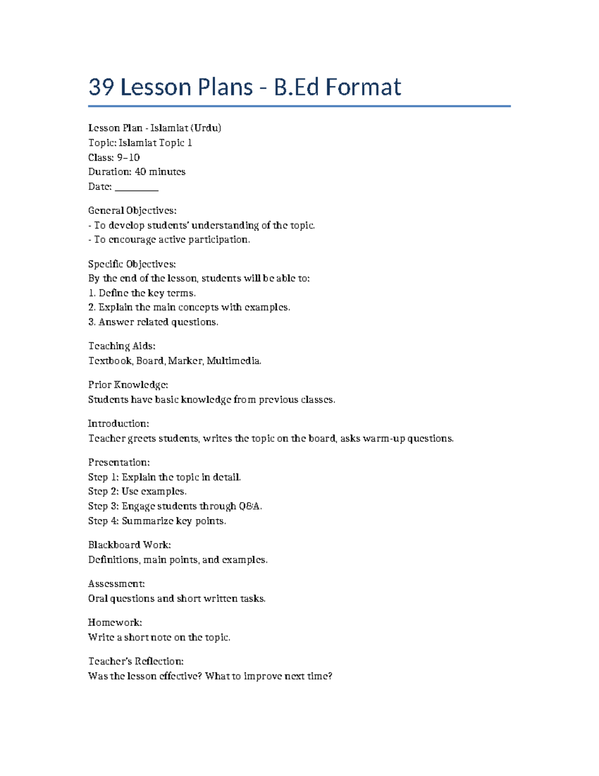 39 Lesson Plans for B.Ed: Islamiat & Pakistan Studies (Urdu/English ...