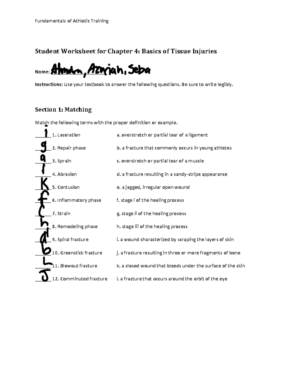 Worksheet CH04 Basics of Tissue Injuries - Fundamentals of Athletic ...