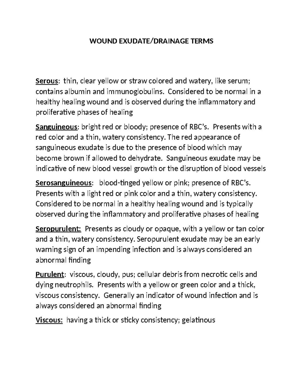 Wound Exudate Terms: Definitions and Characteristics for Healing - Studocu