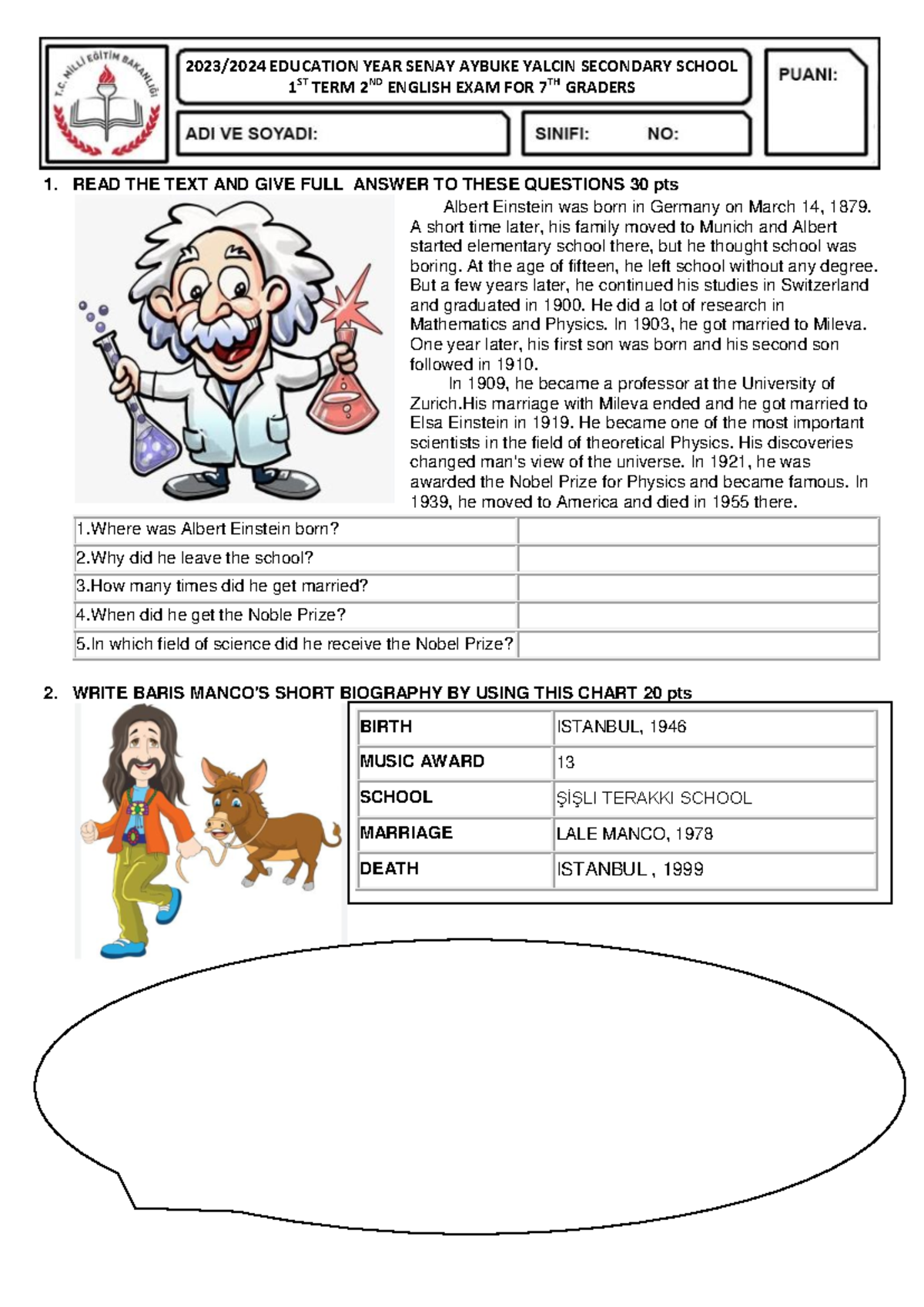 EDUCATION 7TH GRADE 1ST TERM ENGLISH EXAM - EINSTEIN & BIOGRAPHY - Studocu