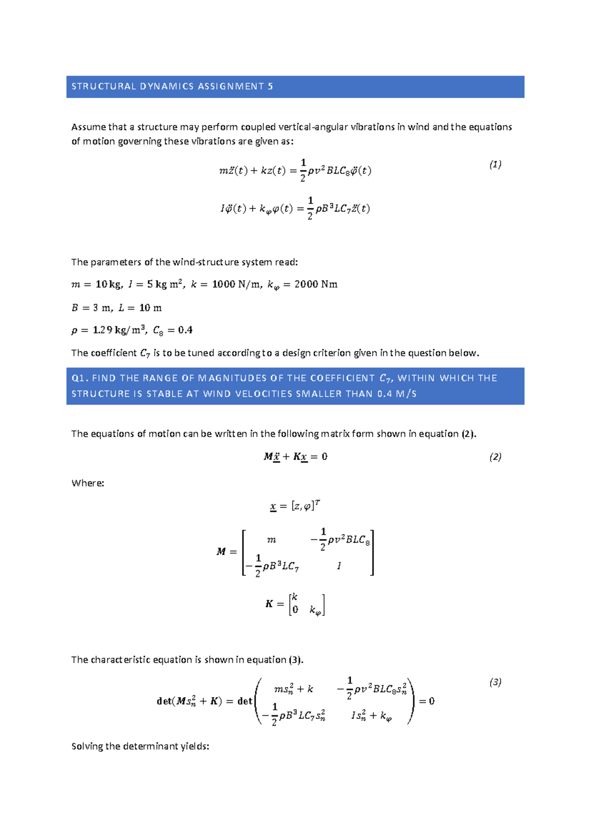 Structural Dynamics Assignment 5: Coupled Vertical-Angular Vibrations - Studeersnel