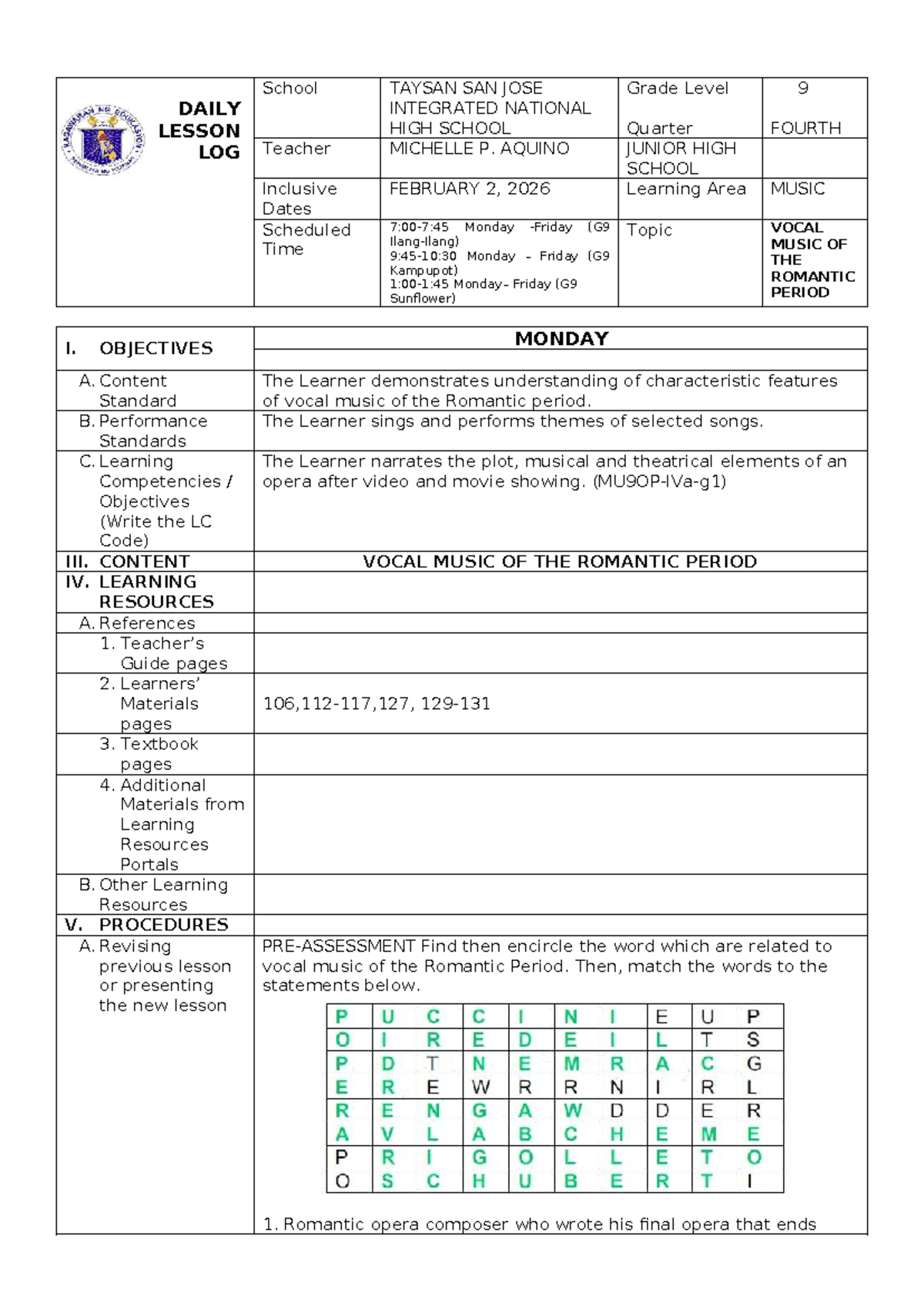 Music 2 - FEB 2 - Daily Lesson Log on Vocal Music of the Romantic ...