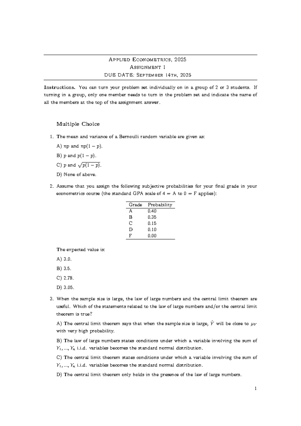 Applied Econometrics 6001 Assignment 1 - Due Sept 14, 2025 - Studocu