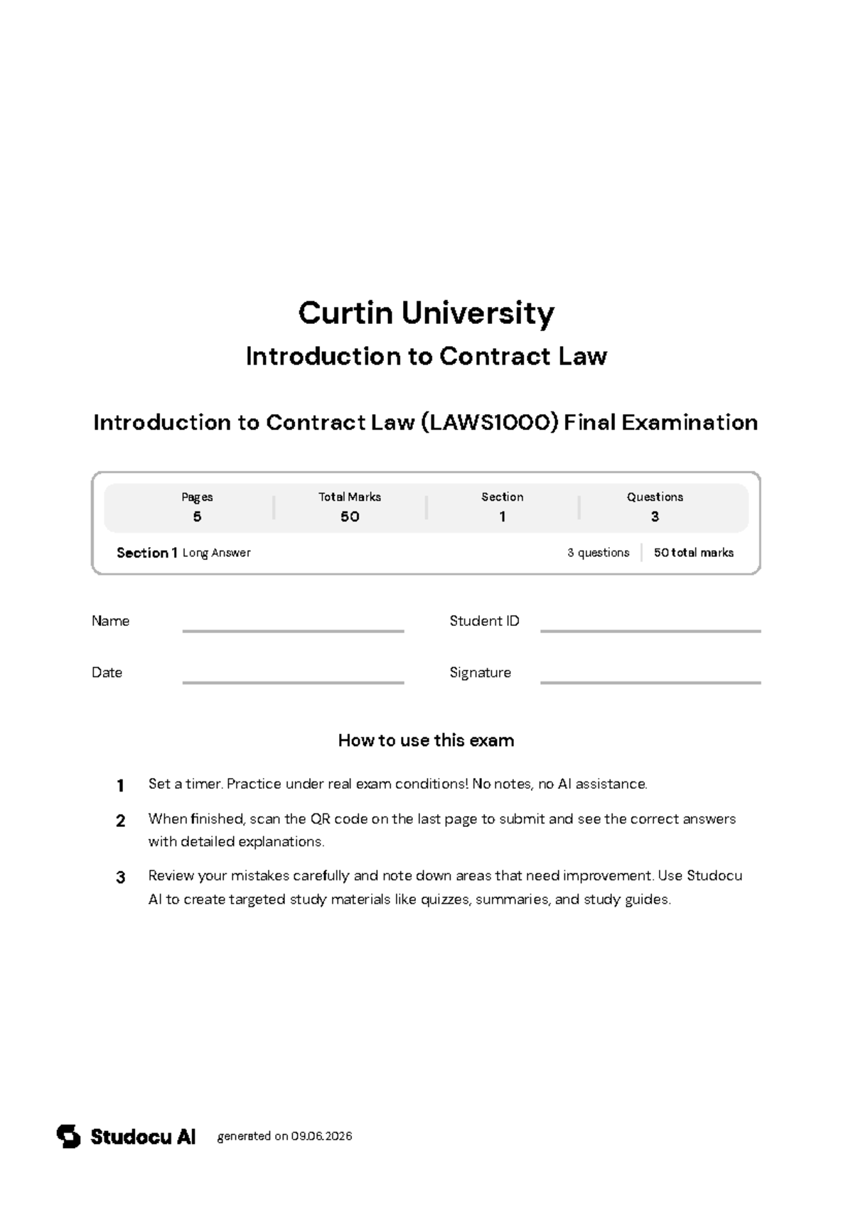 LAWS1000 Introduction to Contract Law Final Exam - Studocu