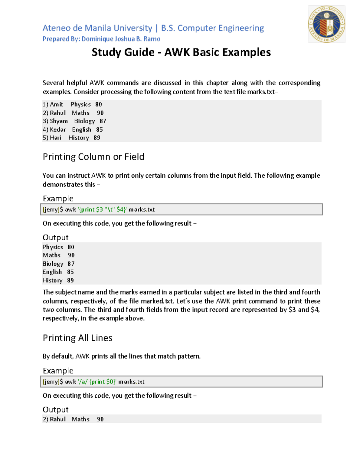 Study Guide - AWK Basic Examples - Prepared By: Dominique Joshua B. Ramo Study Guide - AWK Basic ...