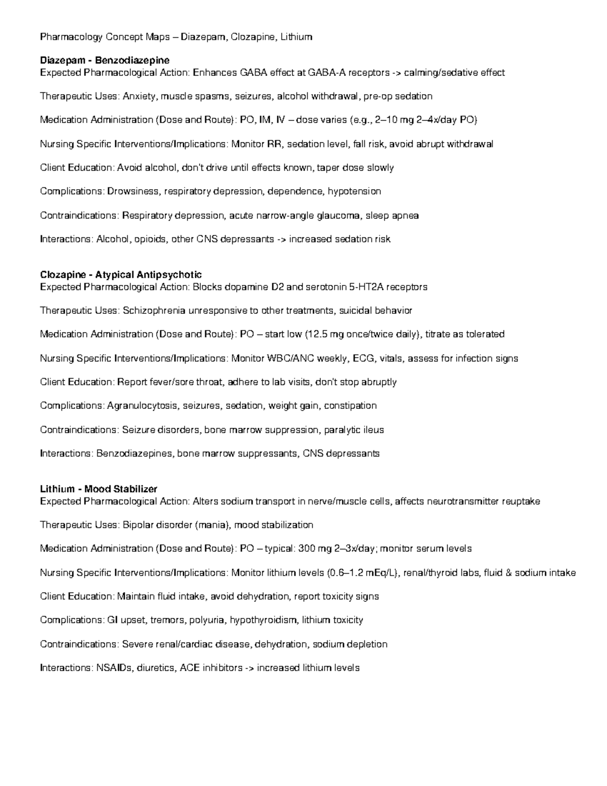 Pharmacology Concept Maps: Diazepam, Clozapine, Lithium Overview - Studocu