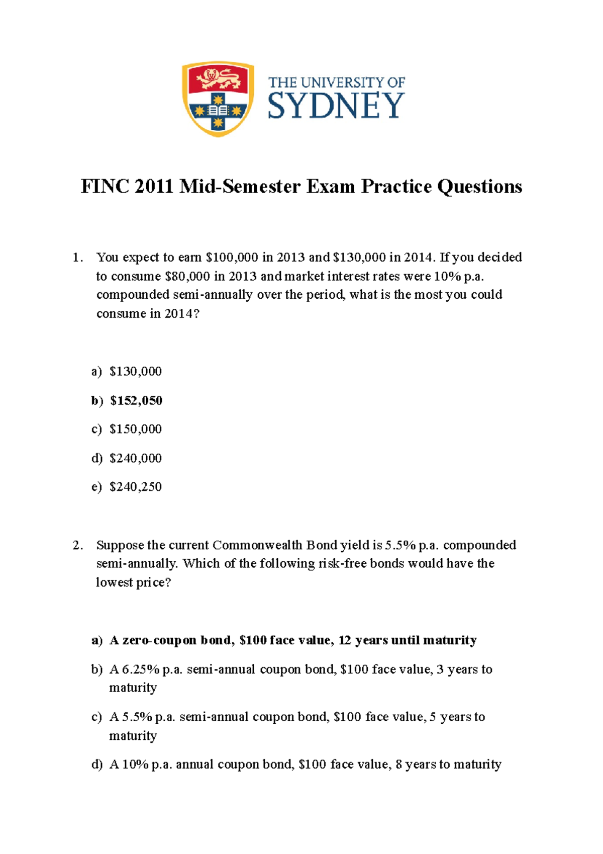 FINC 2011 Mid-Semester Exam Practice Questions Review - Studocu