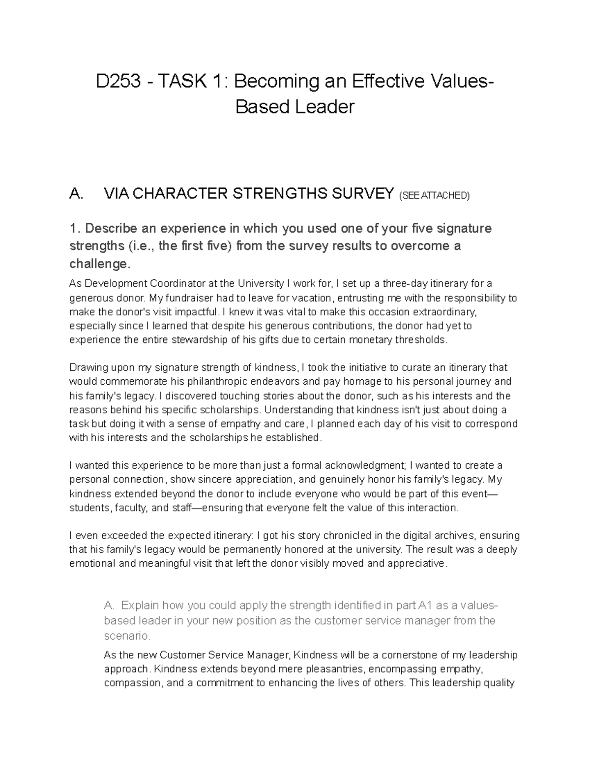 Value's Based Leadership - D253 - TASK 1: Becoming an Effective Values ...