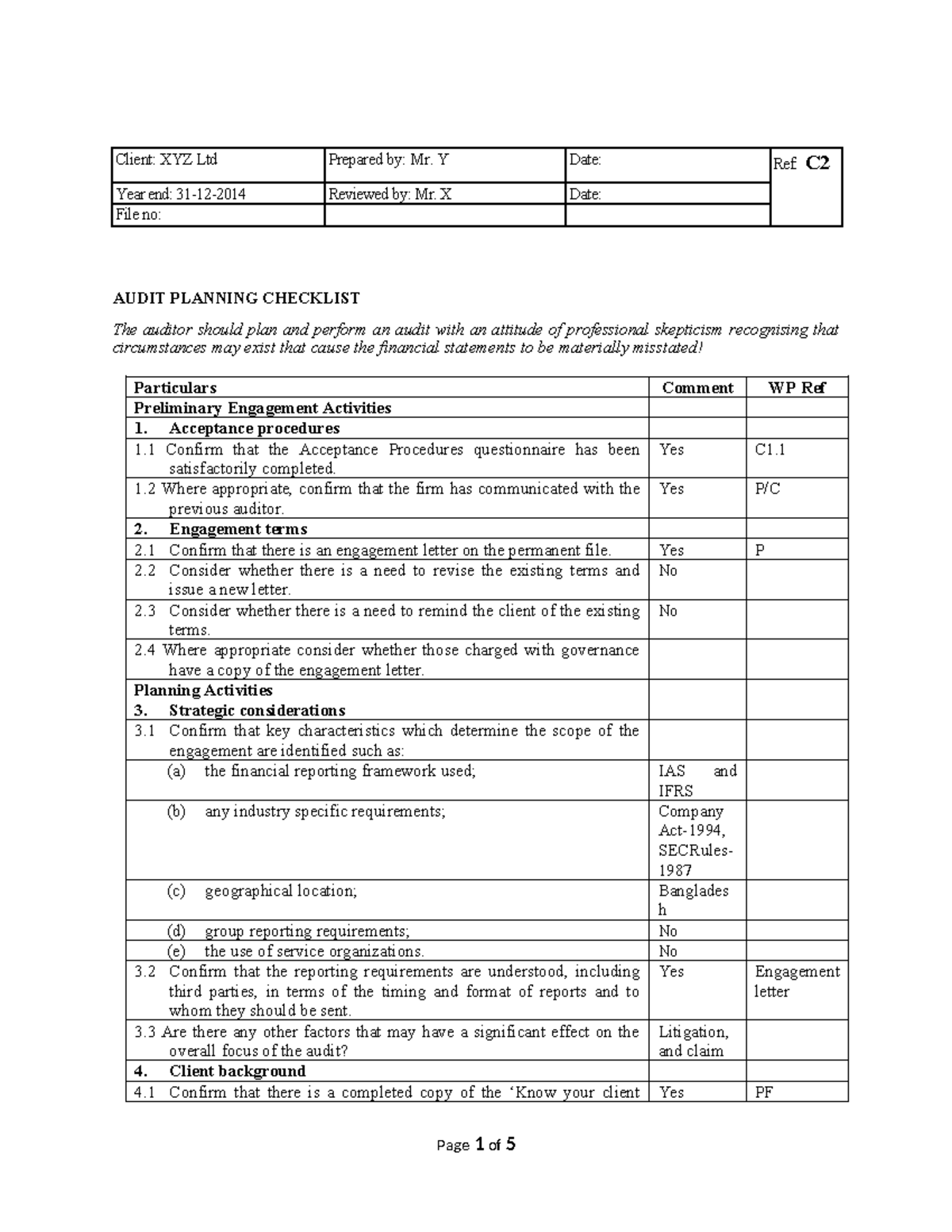 Audit Planning Checklist for XYZ Ltd: Compliance & Strategy ...