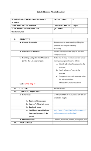 SEMI Detailed Lesson PLAN IN English 4 (1ST) - Republic of the ...