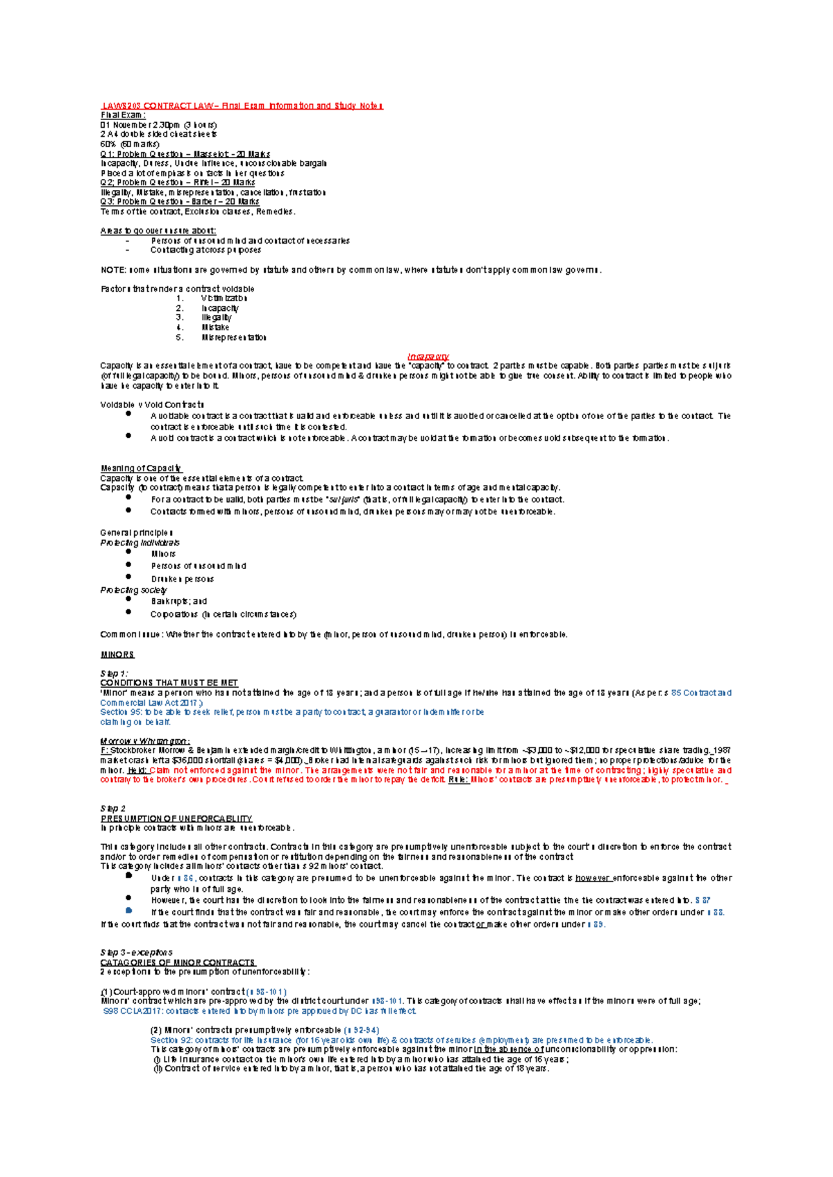 LAWS203 CONTRACT LAW Final Exam Study Notes and Key Information - Studocu