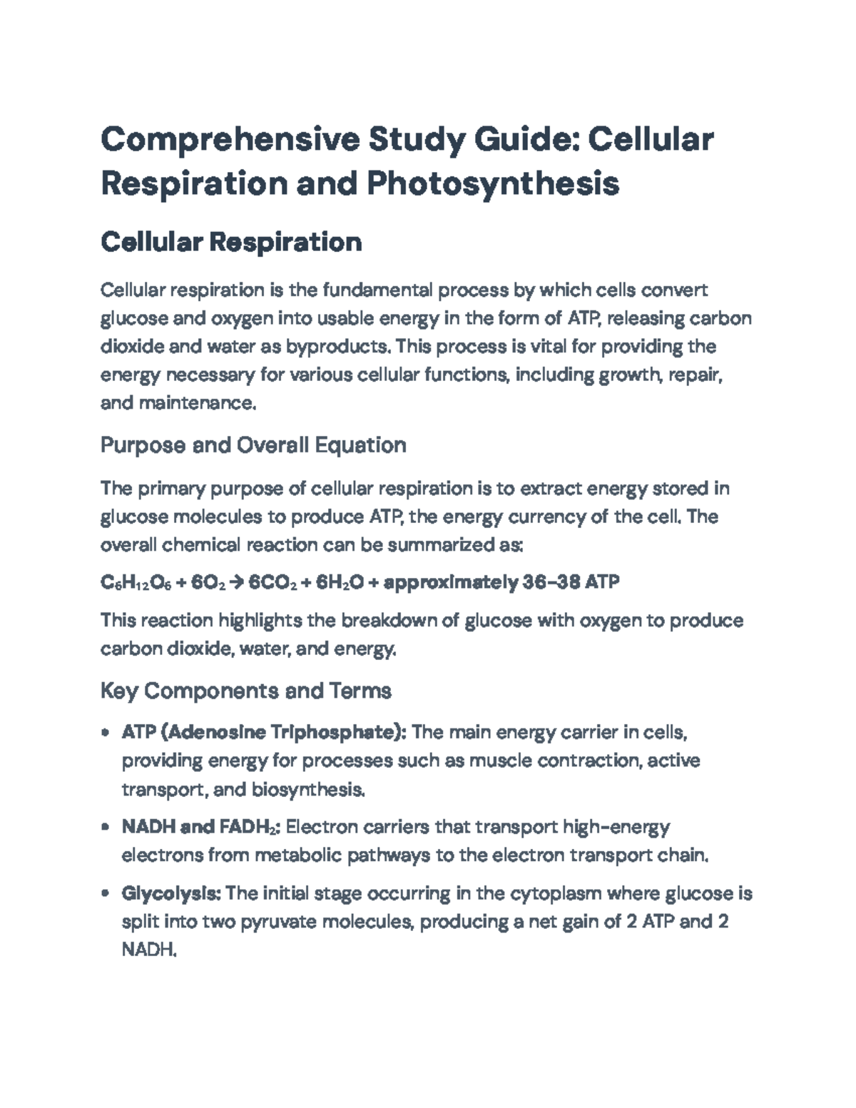 Comprehensive Study Guide: Cellular Respiration & Photosynthesis (BIO ...