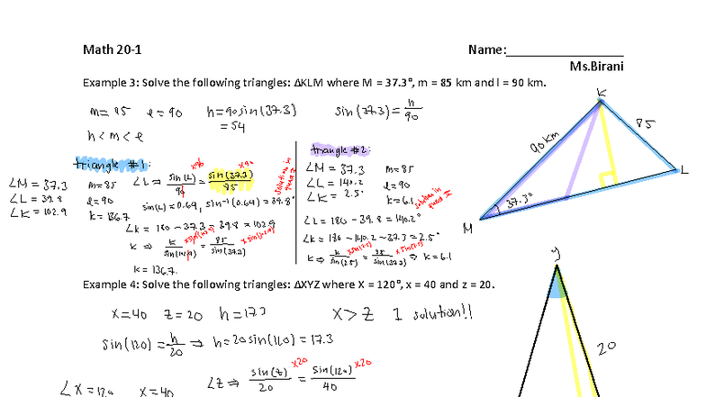 Math 20-1 Example Problems: Solving Triangles and Laws - Studocu