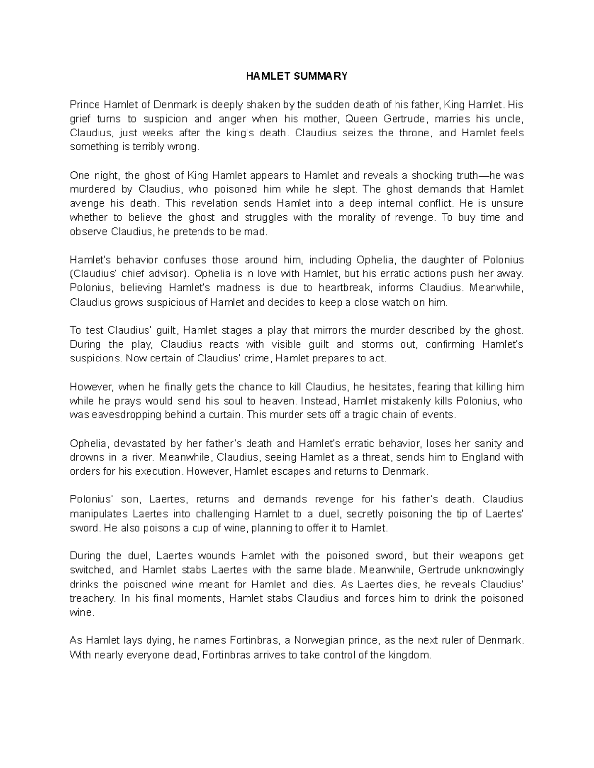 Hamlet Summary - HAMLET SUMMARY Prince Hamlet of Denmark is deeply ...