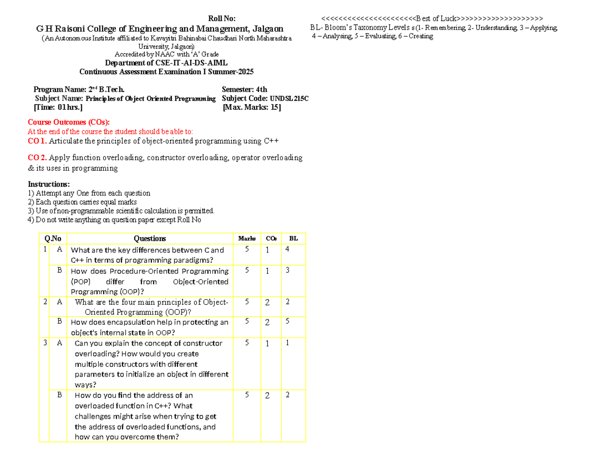 Principles of Object Oriented Programming - UNDSL215C Exam Guide - Studocu
