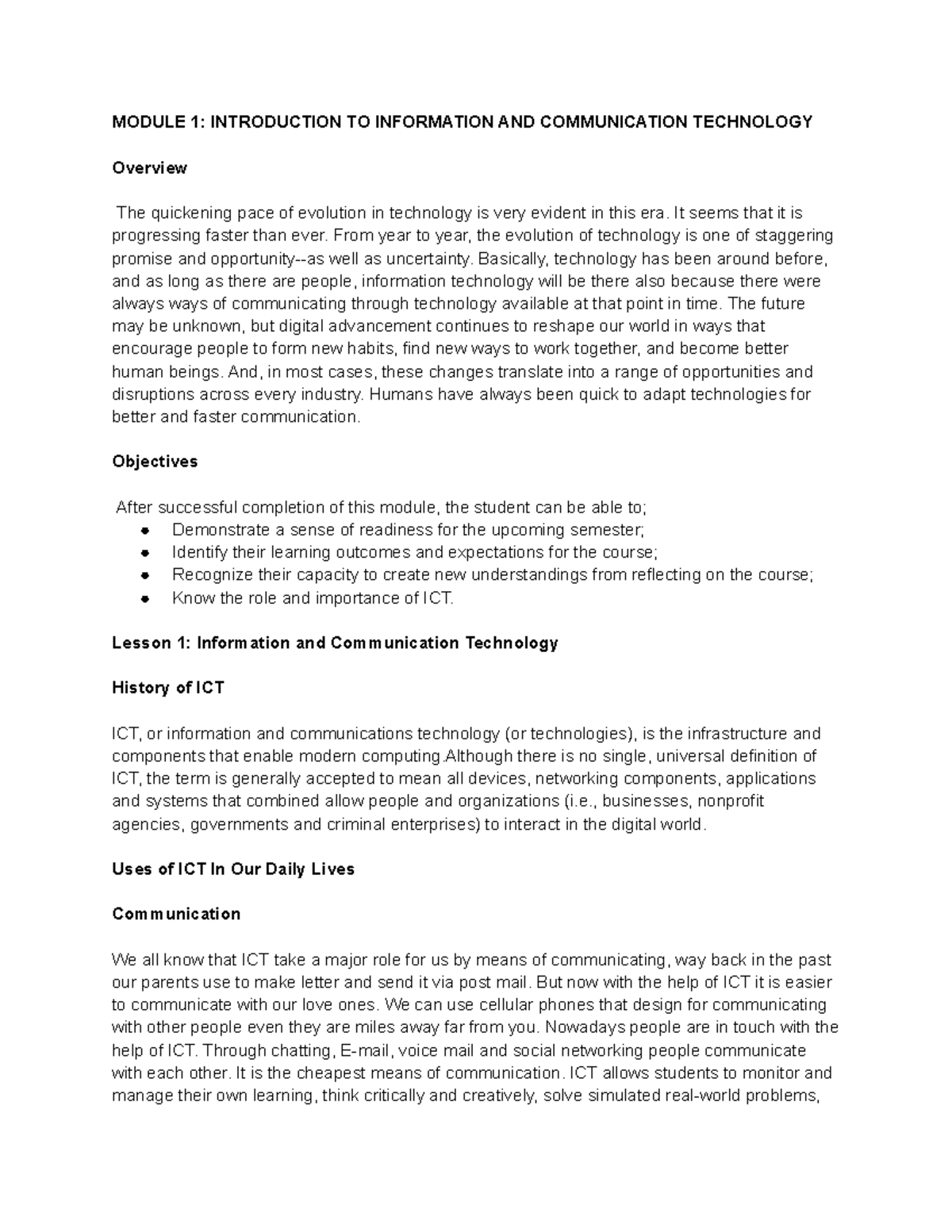 Module 1: Intro to Information & Communication Technology (ICT) - Studocu