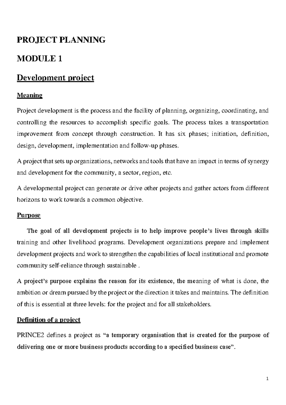 Project Planning Module 1: Understanding Development Projects - Studocu