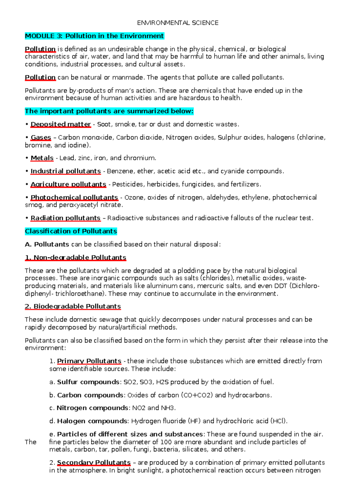 ENVSCIC 3: Pollution in the Environment - Key Concepts and Types - Studocu