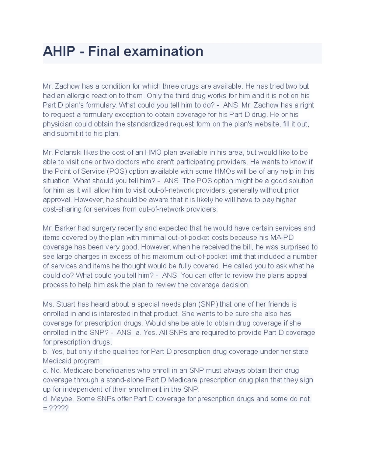 AHIP Final Exam Questions 2 - AHIP Practice Exam Mr. Carlini has heard ...