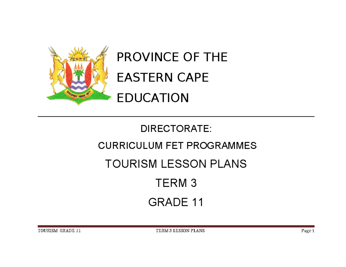 Grade 11 Tourism Lesson Plans - LP Term 3 Overview - Studocu