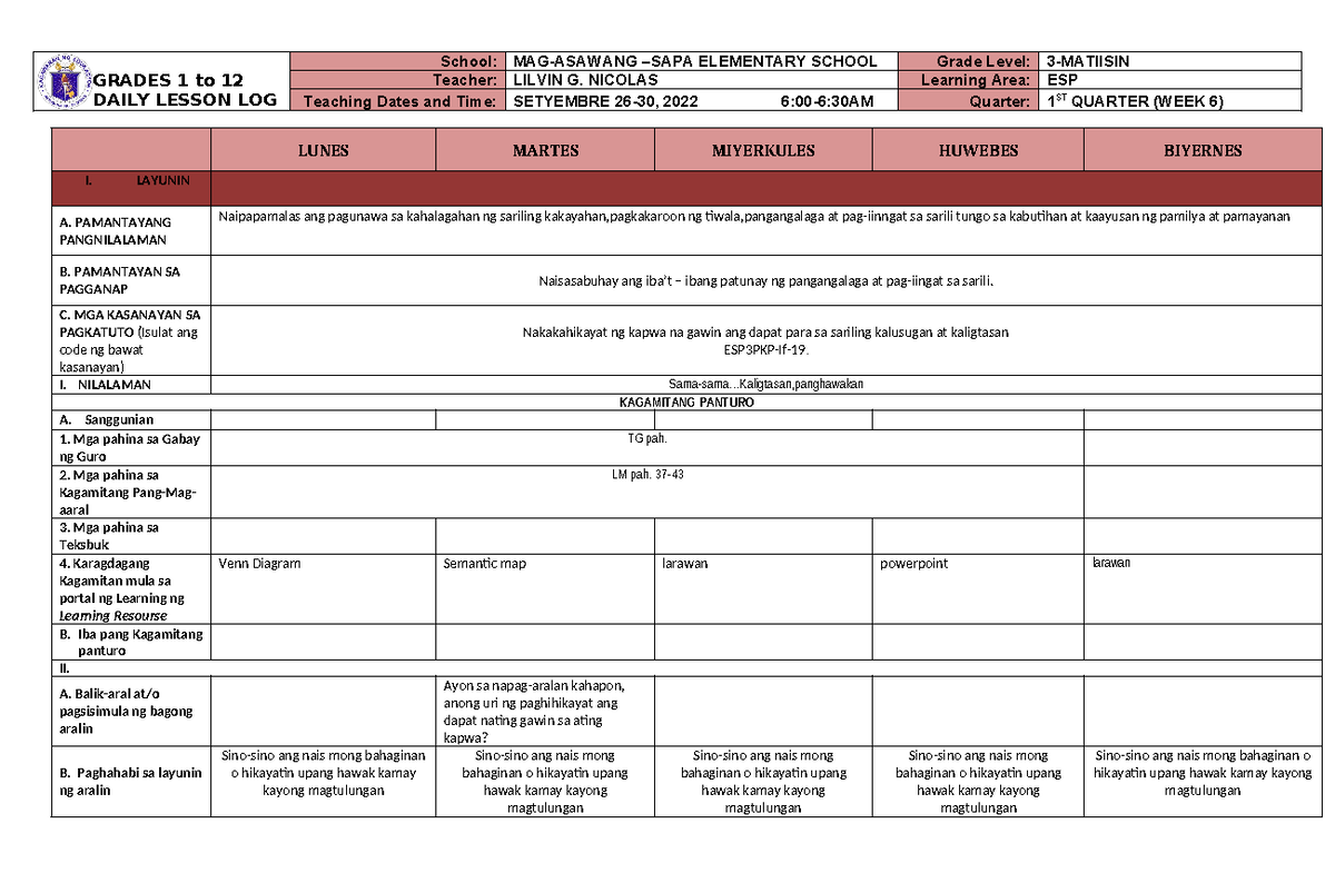 ESP-Week-6 - informational - GRADES 1 to 12 DAILY LESSON LOG School ...