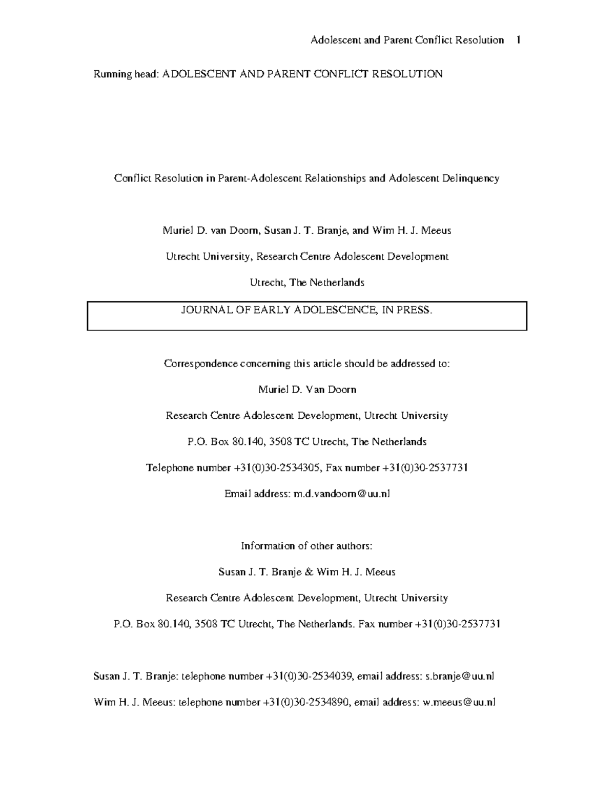 ADOLESCENT AND PARENT CONFLICT RESOLUTION: Examining Styles and ...