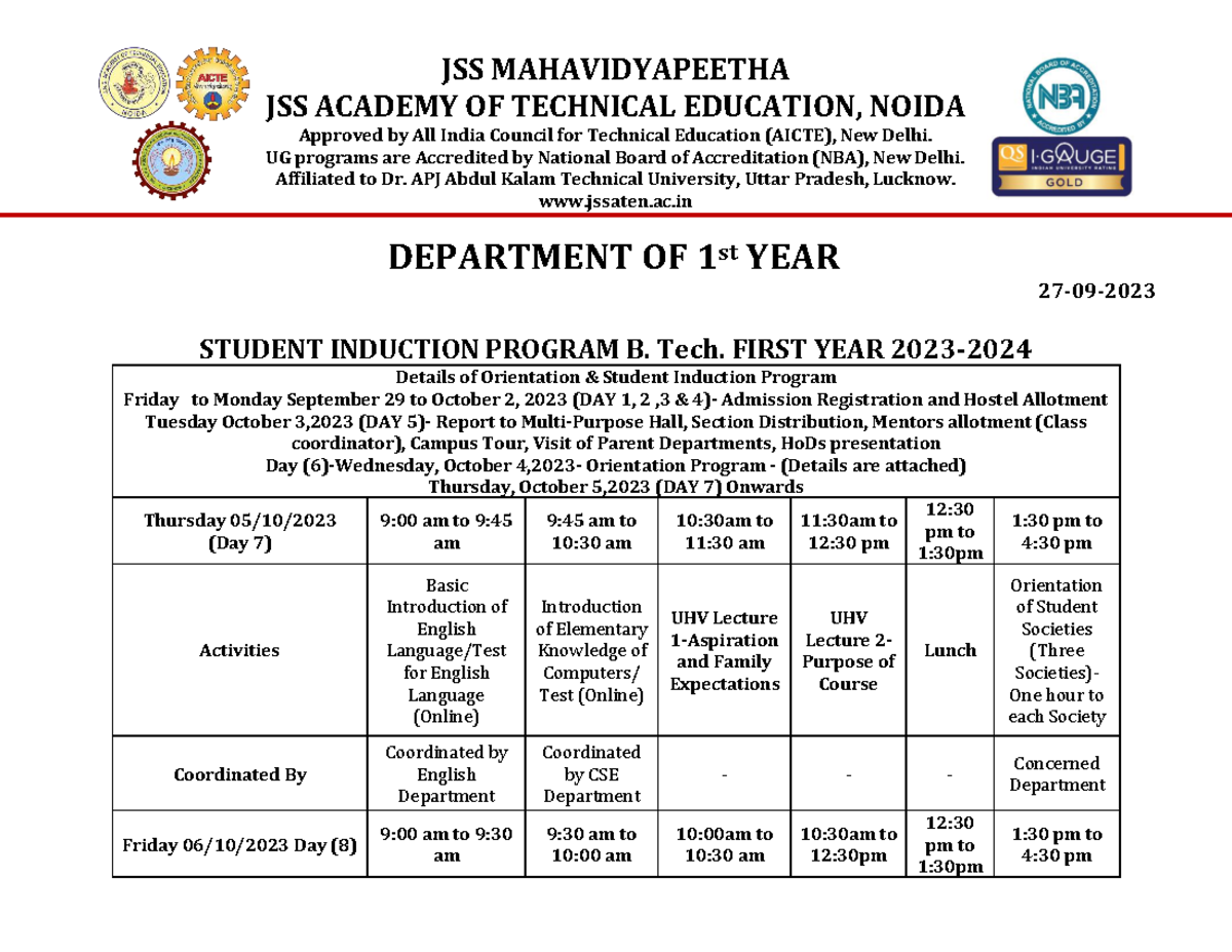 B. Tech 1st Year Induction Program Schedule (Sept 29 - Oct 2, 2023 ...