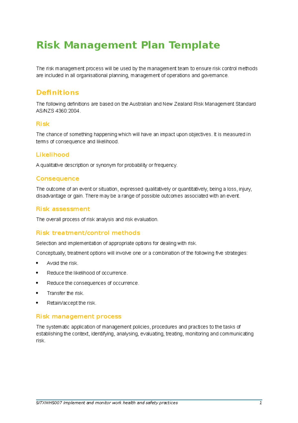 Sitxwhs 007 Risk Management Plan Template and Guidelines - Studocu