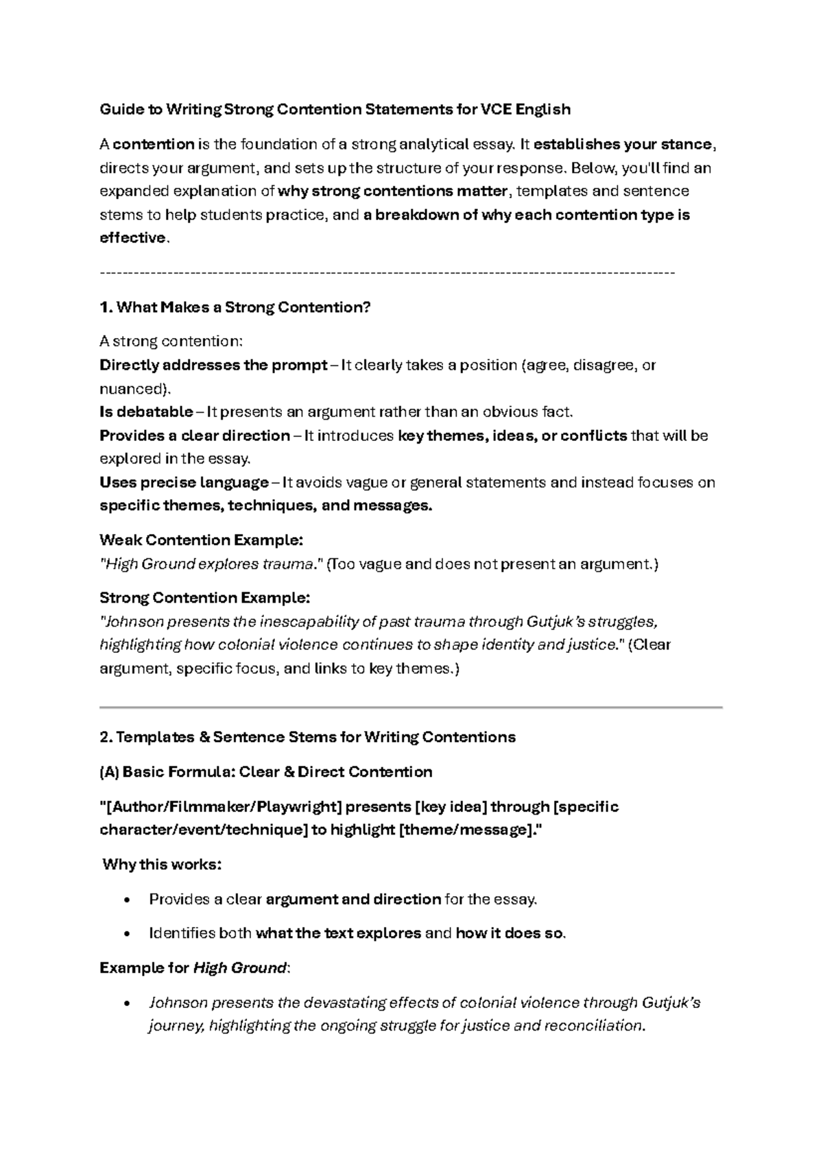 Guide to Writing Effective Contention Statements for VCE English - Studocu