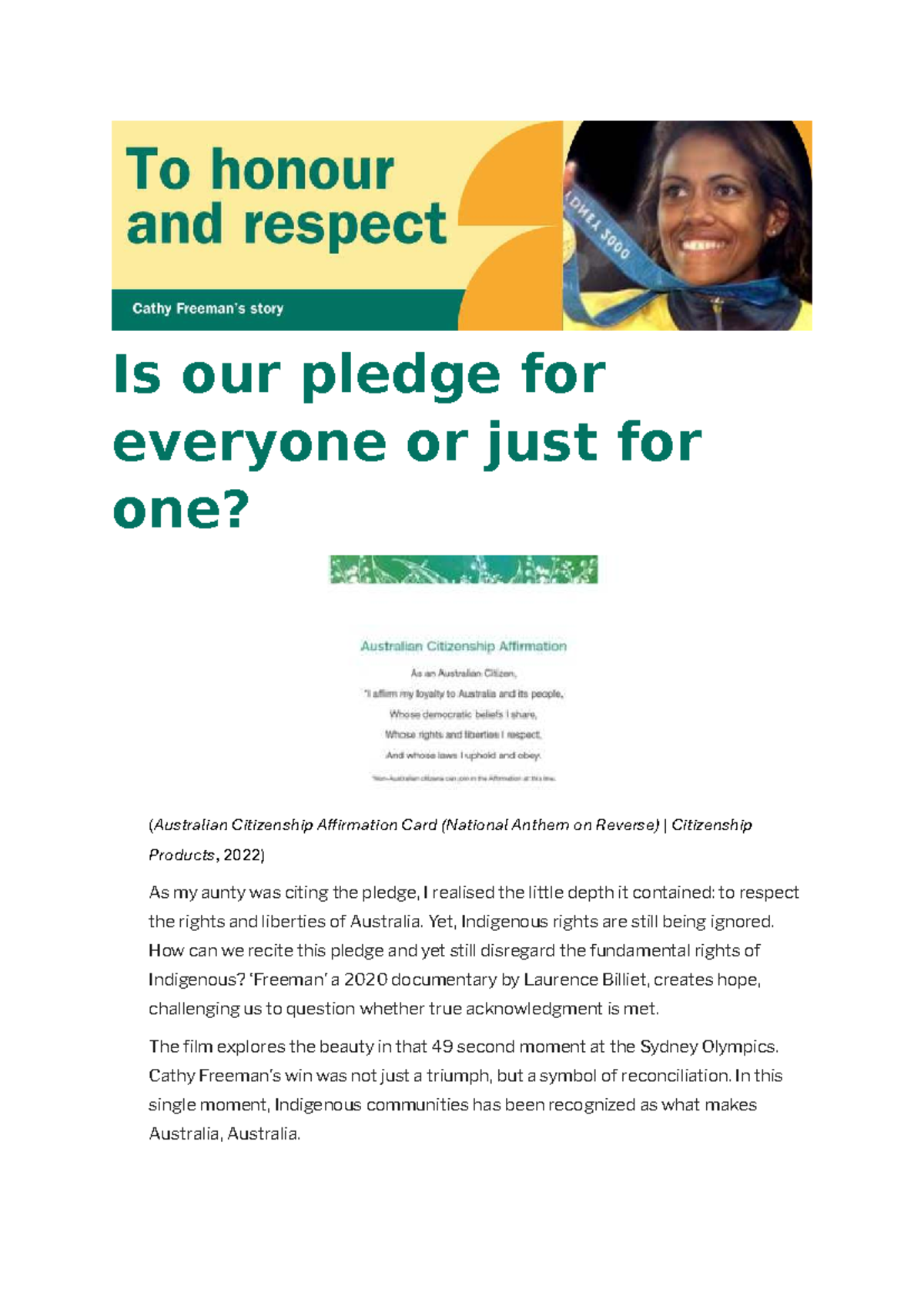 Cathy Freeman Documentary Analysis: A Reflection on Identity and Rights ...
