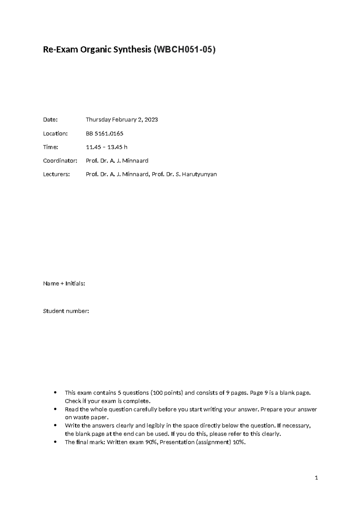 Herexamen Organic Synthesis (Course Code: OS 101) with Answers ...