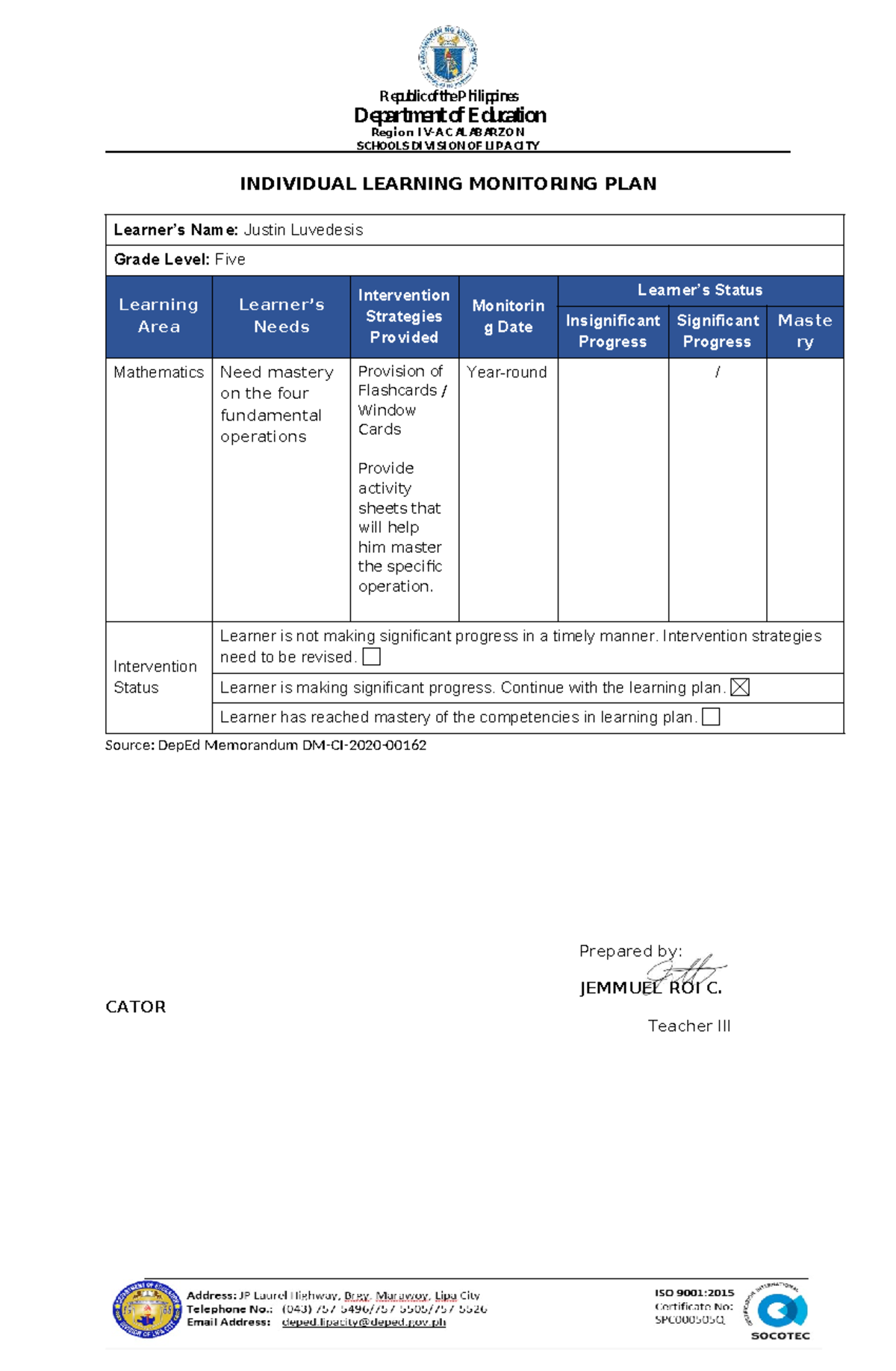 Individual Learning Monitoring Plan for Math - Grade 5 - Studocu