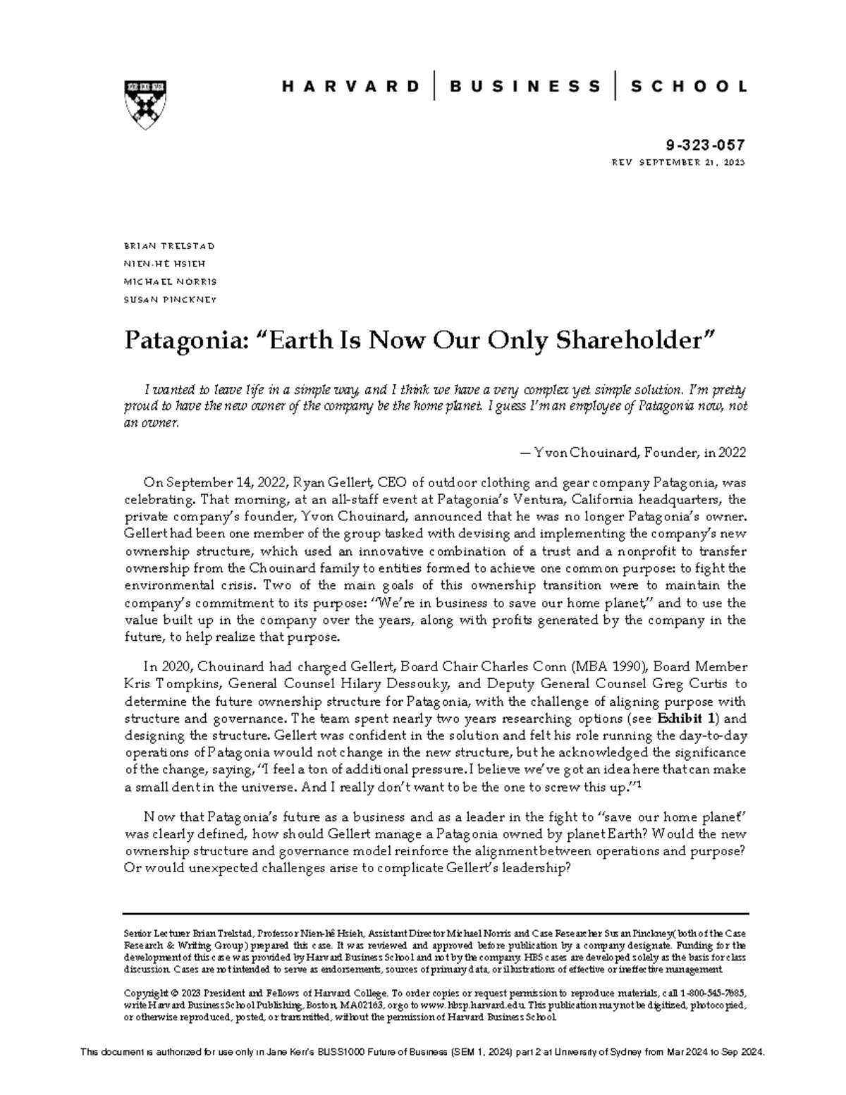 Patagonia: Earth is Now Our Only Shareholder (SEM 1, 2024) - Studocu