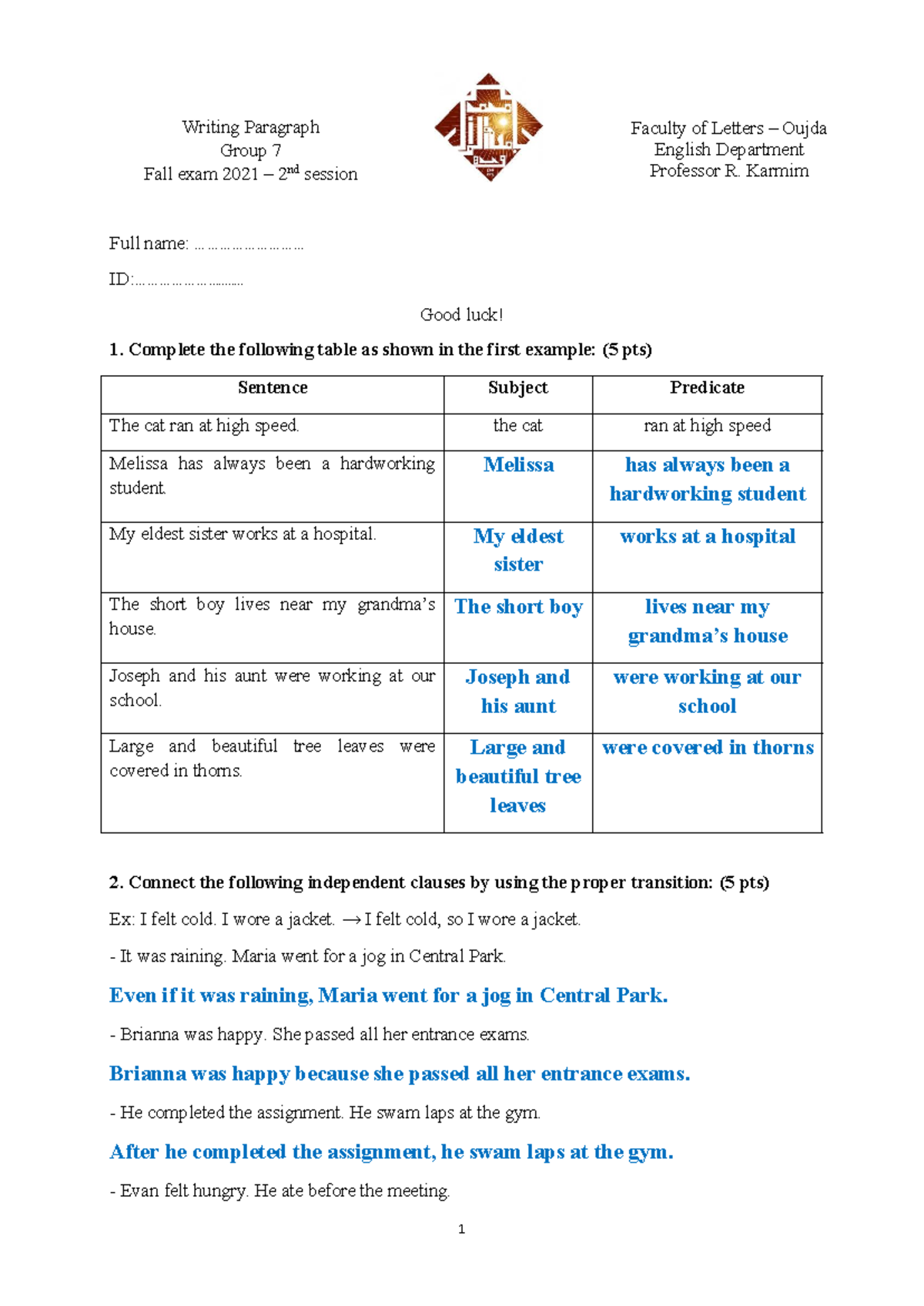 Writing paragraph - Fall exam 2021 - 2nd session - Correction - 1 Full ...
