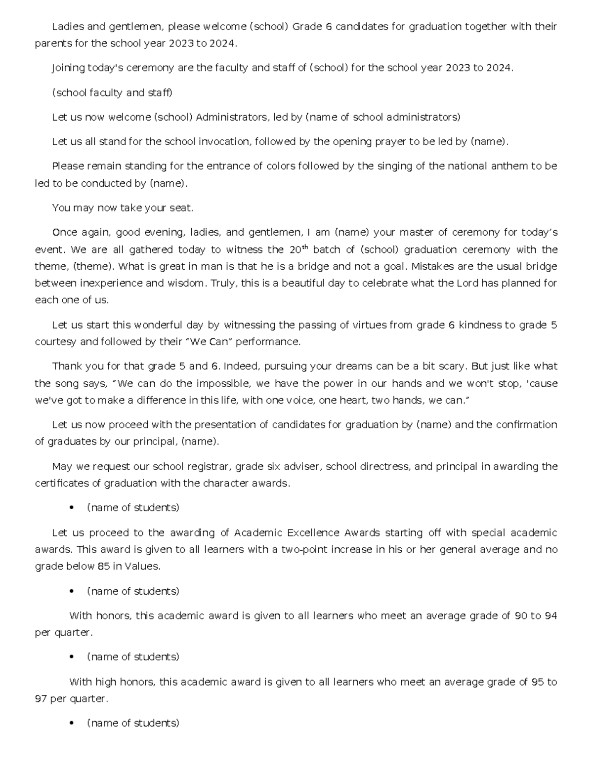 Grade 6 Graduation Ceremony Script 2023-2024 - Studocu