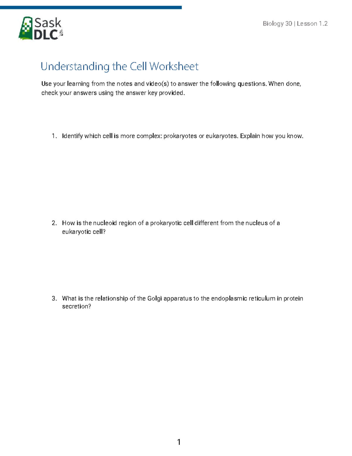 Biology 30 | Lesson 1.2: Understanding the Cell Worksheet - Studocu